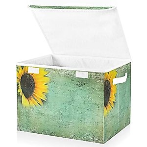 RunningBear Sunflower Teal Large Storage Bins with Lid Collapsible Storage Bin Nursery Baskets Cute Storage Box for Shelf Closet Nursery Home