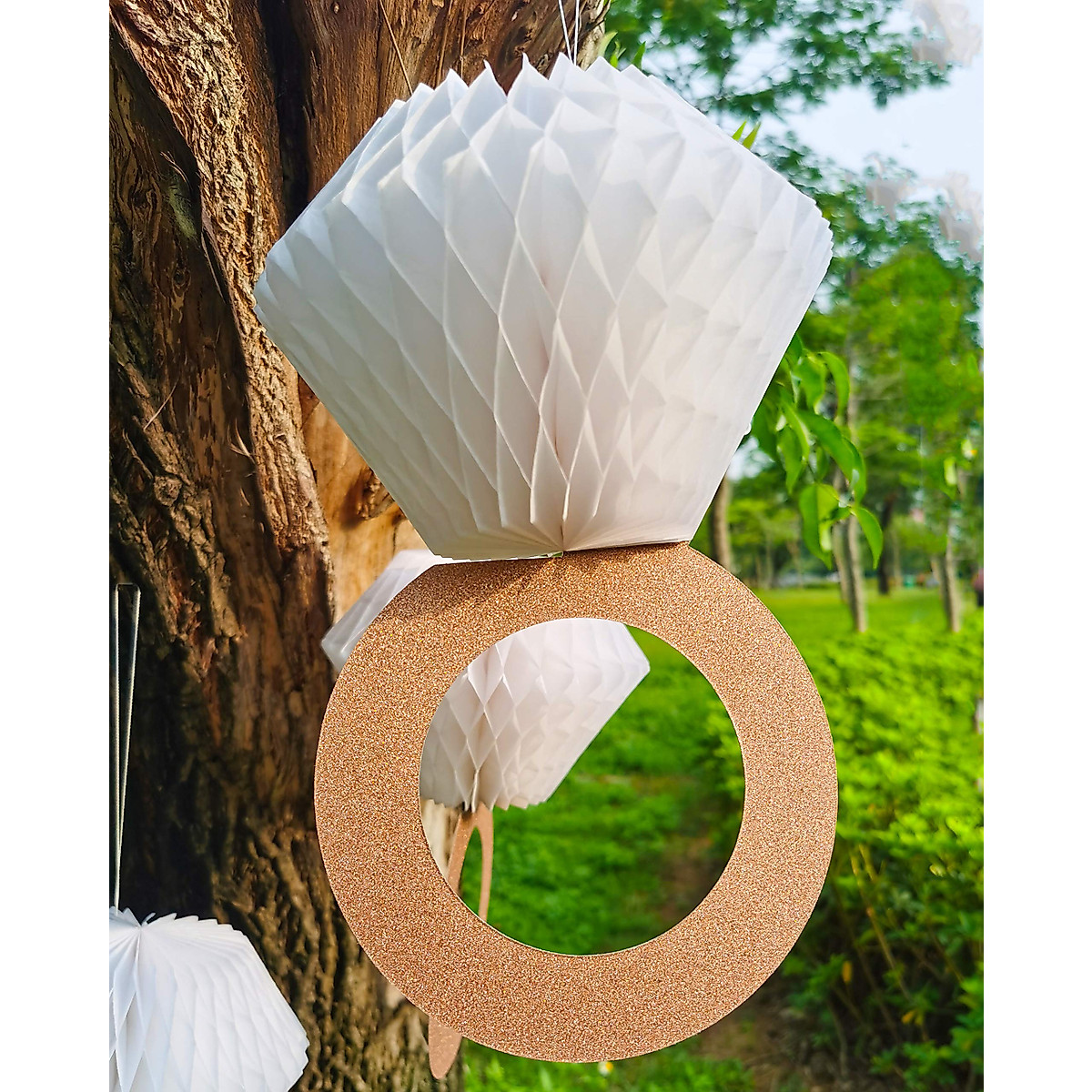 Engagement Party Decorations, Bridal Shower Supplies, Honeycomb Ring Hanging Decorations, Rose Gold Glitter Diamond Rings (3pcs), Engaged Diamond Rings Decorations for Engagement