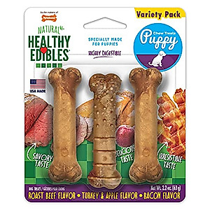 Nylabone Healthy Edibles Natural Puppy Treats Variety Pack - Puppy Supplies - Roast Beef, Bacon, Turkey & Apple Flavors, X-Small/Petite (3 Count)