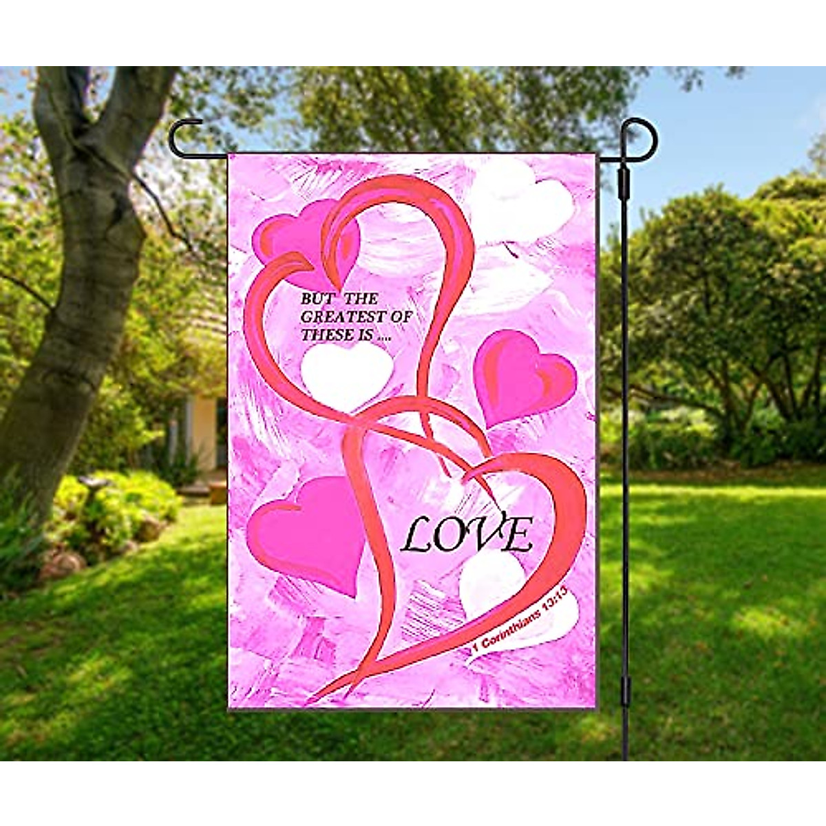 Valentine's Day Love Garden Flag - Pink Valentines Day Spring Welcome - Religious Bible Verse Yard flags - But the greatest of these is love - Double Sided by Jolly Jon