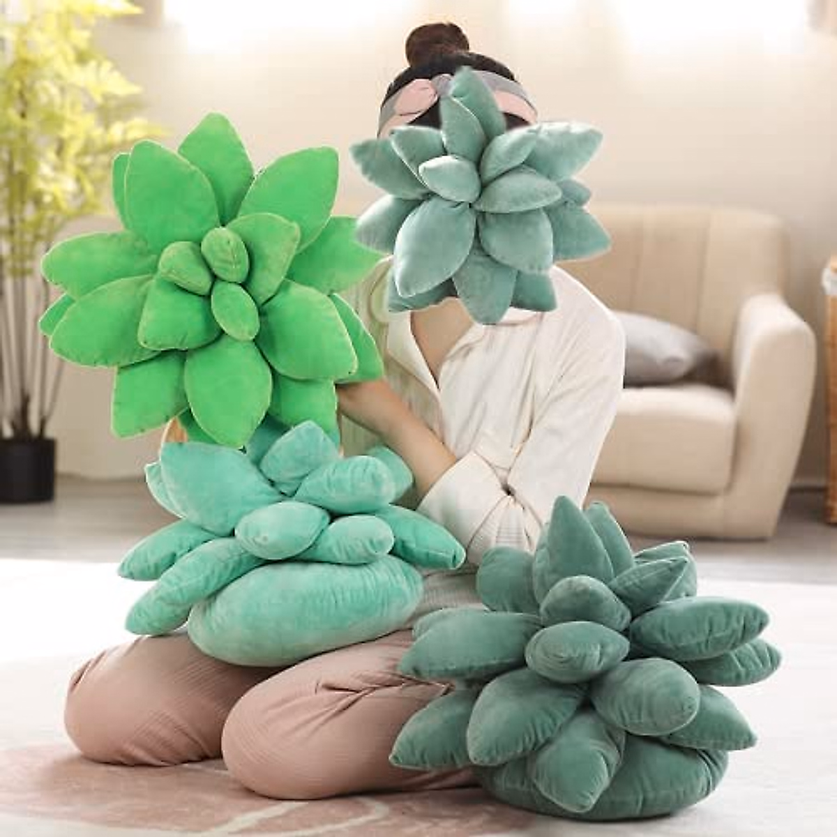JIFOVER 3D Succulents Pillow-Cute Pillows-17.7in Cute Succulents Stuffed Plush Cactus Throw Pillows for Green Lovers Soft Plant Leaf Shaped Decorative Pillows (10in/Dark Green)
