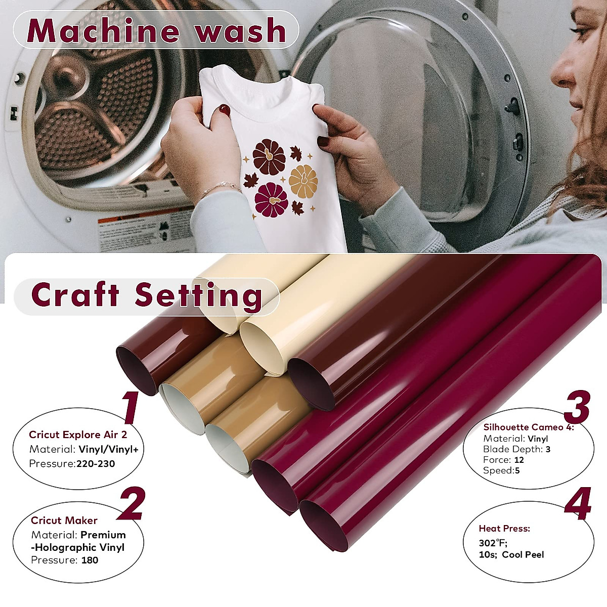 Gatichetta Earth Tones Heat Transfer Vinyl Bundle, Iron on HTV 12" x 12"/8-Sheet, Smooth PU HTV for T-Shirts, Fabris, DIY Designs, Cream/Camel/Brown/Wine Red