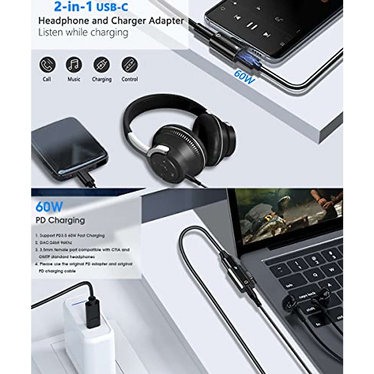 2 in 1 Galaxy Pixel Headphone Adapter, USB C to 3.5mm Aux and 60W PD Charge Adapter Compatible with Samsung S23 S22 S21 S20 S20+ Ultra Note 10 20 Ultra, Google Pixel 7 6 Pro 5 4 XL 3 XL 2XL, Pico 4