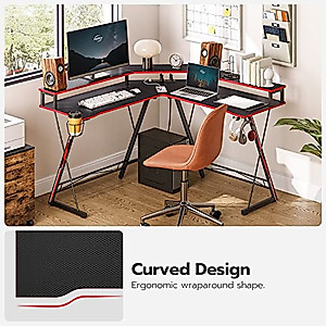 HOOBRO L Shaped Gaming Desk with LED Music Rhythm Lights and Charging Station, Computer Corner Desk with Cup Holder, Headset Hooks, Home Office Desk with Large Monitor Stand, Black BB130UDDN01