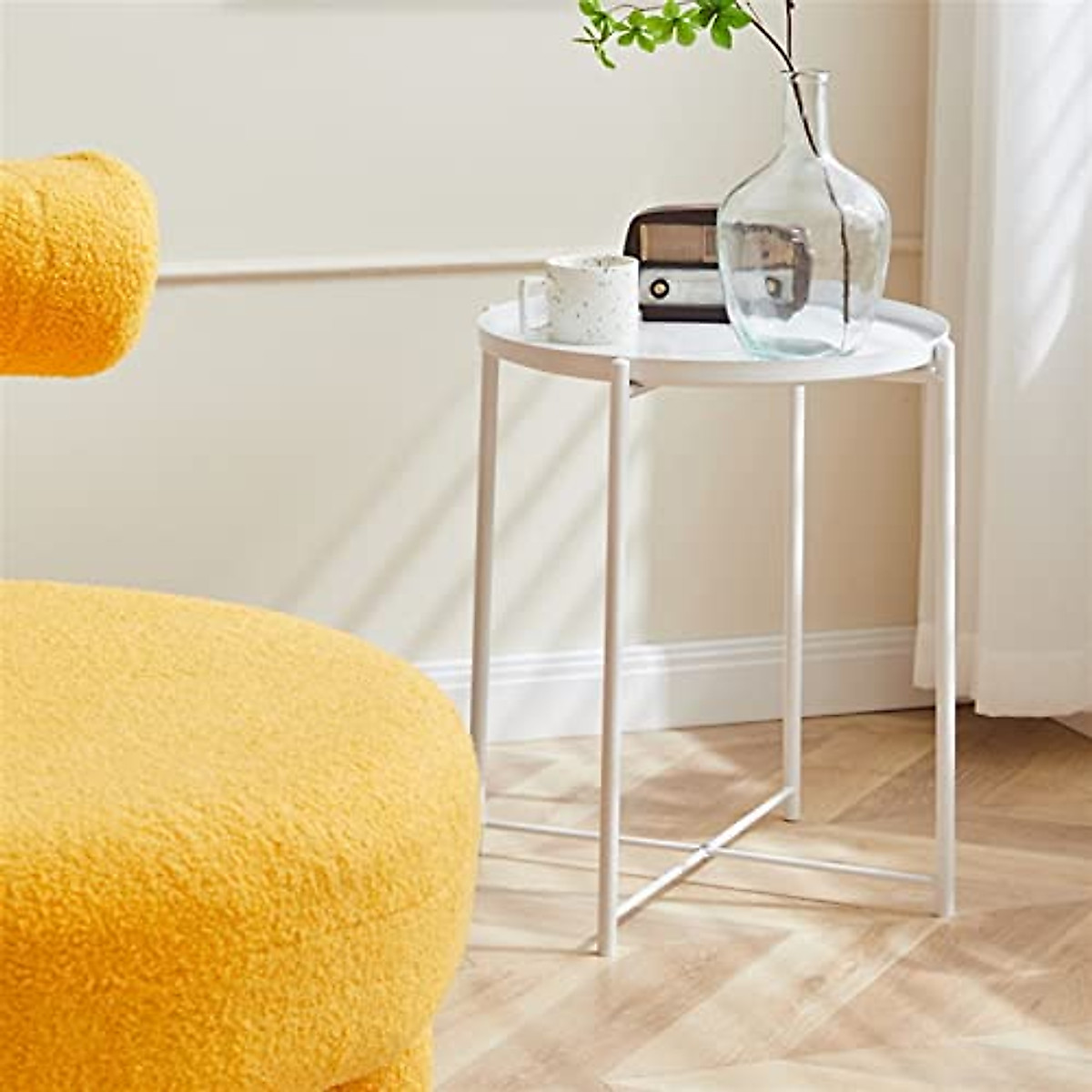 HIGOH Bedside Table Sofa Coffee Table Living Room Side Table Bedside Iron Round Table Bedside Table (Color : Camel)
