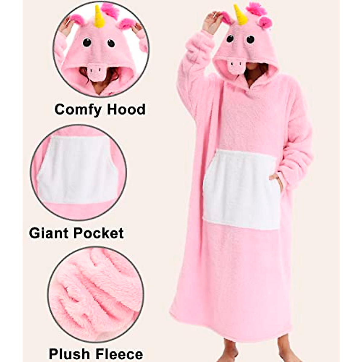 Wearable Blanket Hoodie Oversized Sherpa Blanket Sweatshirt for Women Men Adult teens With Cute Animal Hood and Giant Pocket