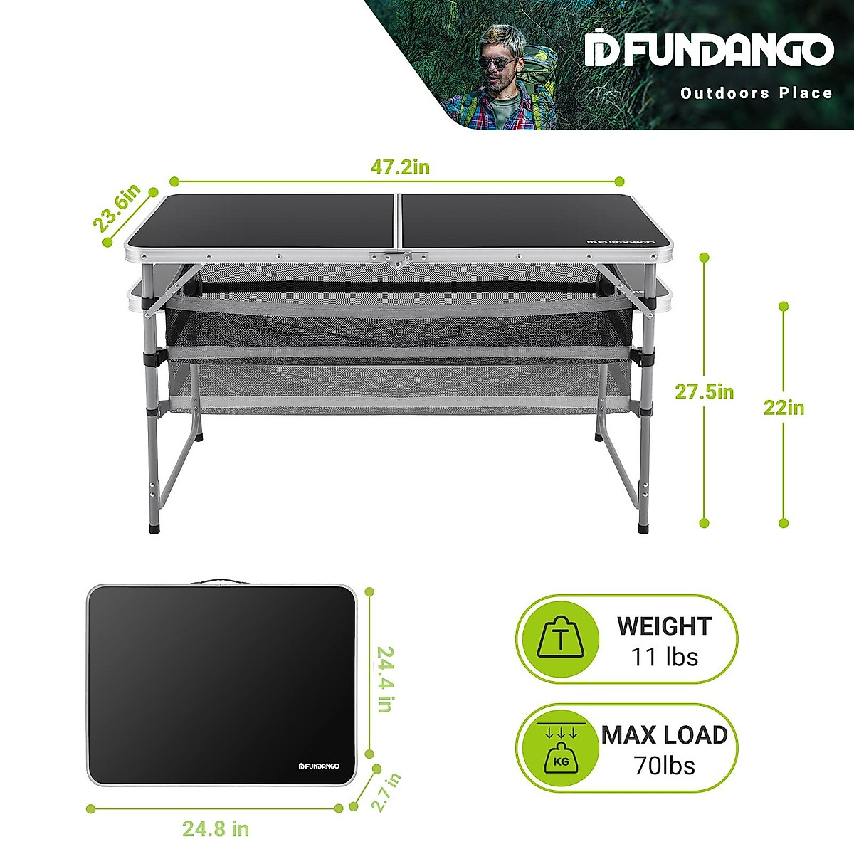 FUNDANGO Height Adjustable Portable Lightweight Folding Camping Table with Layer Mesh Storage Fold Up Foldable Collasible with Handle for Outdoor, Indoor, Beach, BBQ, Picnic,Travel