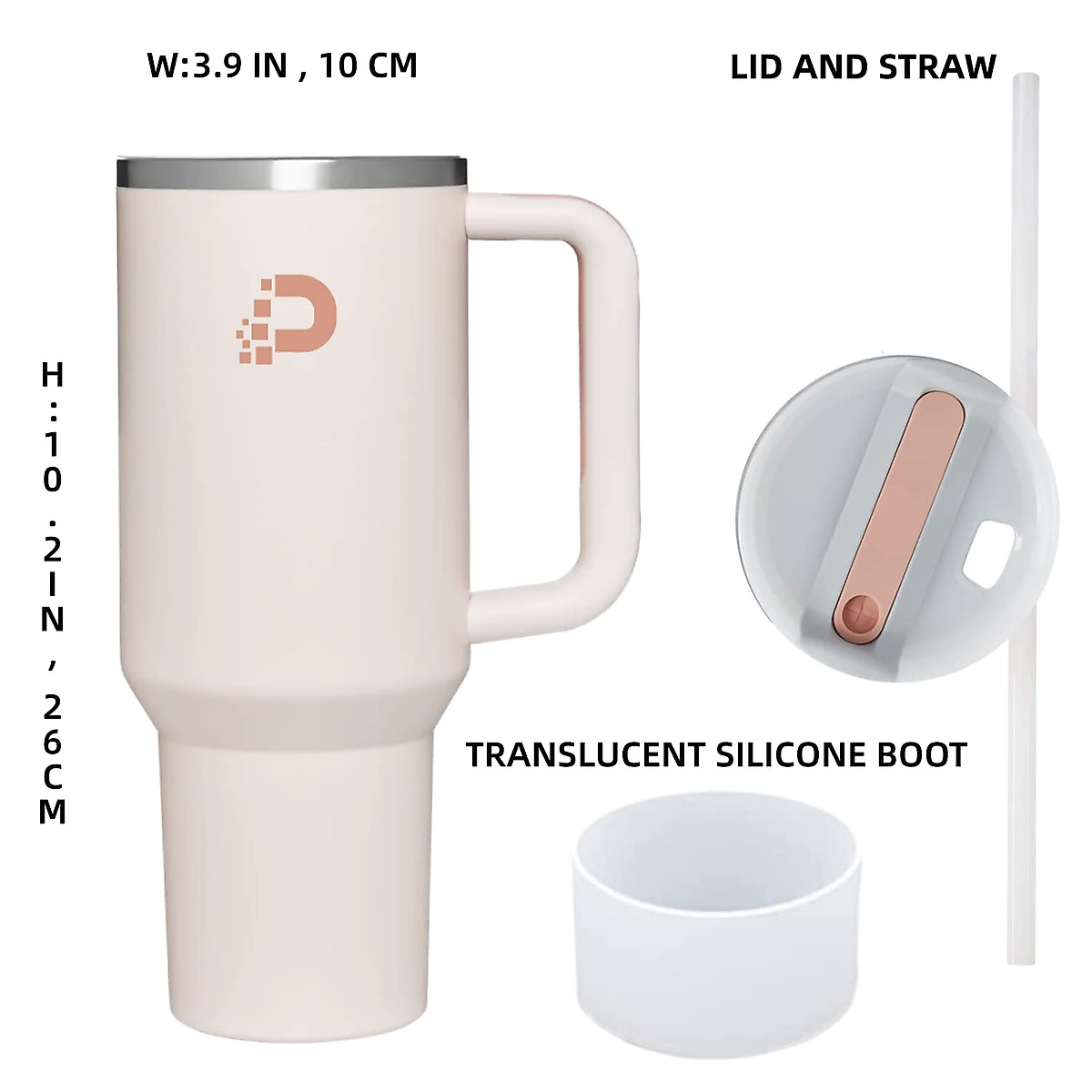 Acuewuja 40oz/1180ml Tumbler With Handle, Lid, Straw And Silicone Boot Reusable Double Wall Vacuum 18/8 Stainless Steel Coffee Travel Mug Portable Insulated Beer Cup (Rose Quartz)