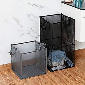 Laundry Hamper Bag with Handles,Portable &Collapsible Dirty Clothes Mesh Basket Foldable for Washing Storage, Kids Room,Dorm or Travel (Black, Single-Layer)