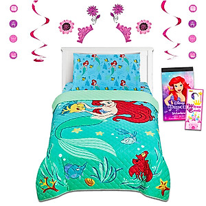 The Little Mermaid Twin Bedding Set for Girls - Bundle with Ariel Bedspread, Flat Sheet, Fitted Sheet, and Pillowcase for Twin Bed Plus Room Decor, Stickers, More | Little Mermaid Bedroom Decor