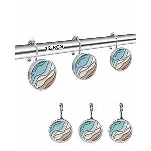 Turquoise Brown Cream Shower Curtain Hooks, Beach Geometric Gradient Striped Teal Decorative Shower Curtain Hooks for Bathroom Abstract Modern Stainless Steel Rustproof Shower Curtain Rings Set of 12