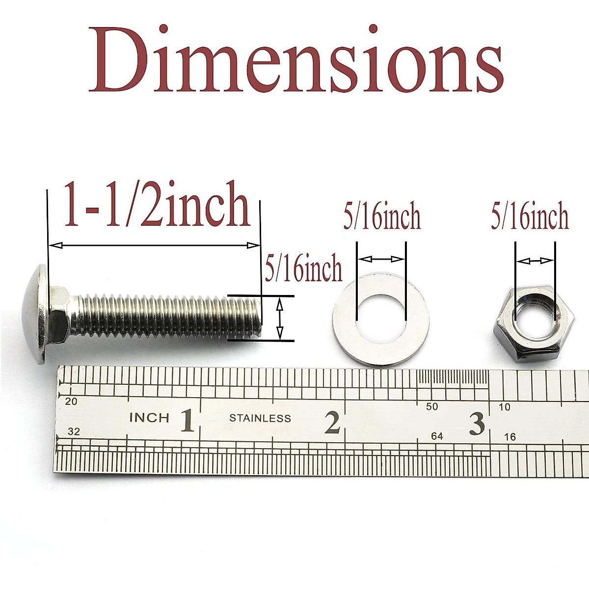 RuiLing 10 Set Carriage Bolt Sets 304 Stainless Steel Carriage Screw Hex Nut and Flat Washer Kits 5/16-18 Inches