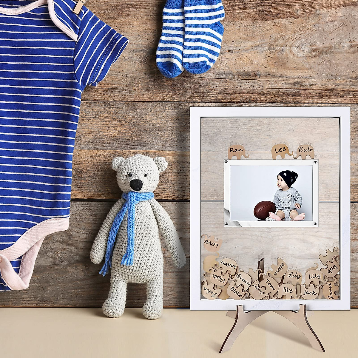 Bucherry Baby Shower Guest Book Alternatives Baby Shower Decor Baby Shower Guestbook Sign Frame with Elephant Sign for Boy Girl Gender Reveal Memory Keepsake Gift Favor, 15 x 12 Inch, White/Clear