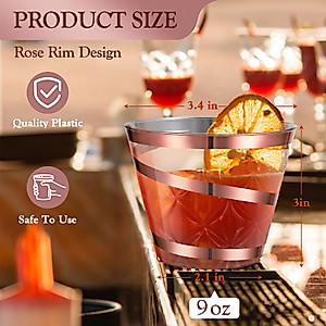 Gejoy 9 oz Rimmed Swirl Plastic Cups Disposable Wine Drinking Cups Clear Elegant Wedding Tumblers for Engagement Single Party Supplies(Rose Gold)