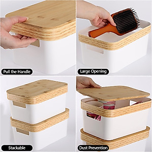 acDesign 3Pcs Plastic Storage Bins with Bamboo Lids Stackable Storage Containers Bins for Organization With Sticker and Marker Pen