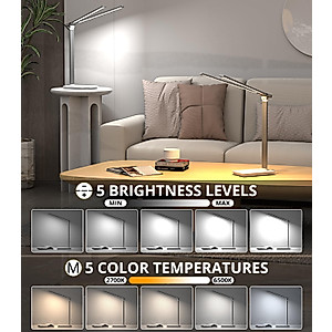 HSicily LED Desk Lamp with Wireless Charger, Double Head Desk Lamps for Home Office, Bright Desk Lamp with USB Charging Port for College Dorm Room, 5 Light Modes Desk Light with Timer, Night Light