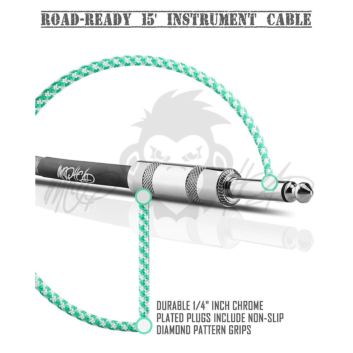 Mophead 15-Foot Guitar Instrument Cable - 1/4 Inch TS to 1/4 Inch TS Right Angle Pro Grade Double Insulated Tweed Braided for Electric Guitar, Bass, Amp, Keyboard (Green and White)