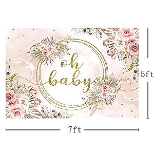 MEHOFOND 7x5ft Oh Baby Backdrop for Girls Baby Shower Boho Pampas Blush Pink Floral Background Newborn Portrait Gold Glitter Sequins Dots Leaves Decorations Newborn Studio Photo Props