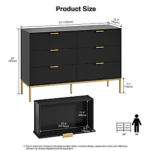 Anmytek Modern 6 Drawer Dresser, Black Dressers for Bedroom, Chest of Drawers Closet Organizers and Wood Storage Clothes, Black Dresser with Golden Handles for Living Room, Hallway