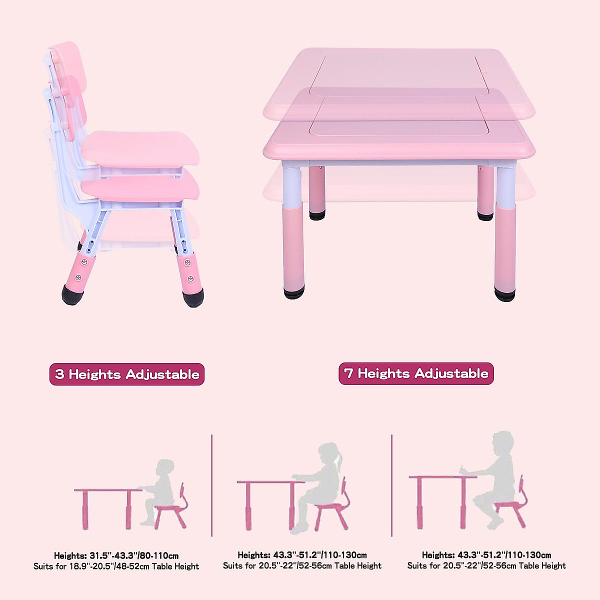 Domaker Table and Chair Set, Multi Activity Height Adjustable Table with 2 Chairs,Pink