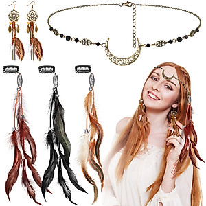Kigeli 5 Pack Feather Hair Clips Halloween Boho Head Moon Chain Crystal Vintage Forehead Jewelry Witch Headpiece Hippie Fest Comb with Long Tassel Earrings Necklaces Costume for Women(Mixed Color)