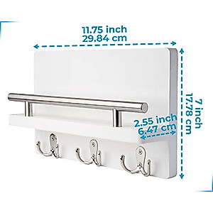 Comfify Key Holder for Wall - Natural Pine Wood Texture, Modern Decorative Finish, Metal Key Hooks with Mail Organizer/Sorter Slot White