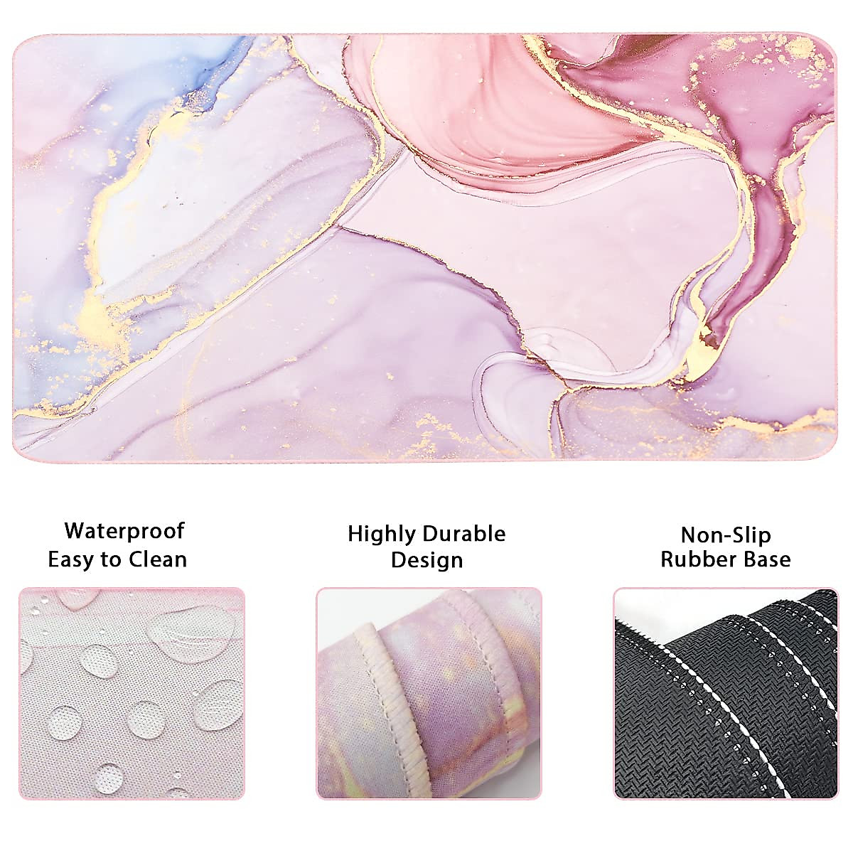 Keyboard Mouse Pad Set, Extended Mouse Pad+Keyboard Wrist Rest Support, Memory Foam Ergonomic Easy Typing, 3Pcs (35.4×15.7 in) Desk Pad Set for Home Office Study Game- Pink Marble