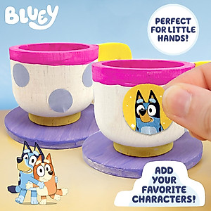 Bluey Paint & Play Tea Party, 6-Piece Wooden Tea Set, Customize with Paint & Bluey Stickers, 2 Wearable Crowns, Fun Toys for Kids, Cute Birthday Party Decorations, Pretend Play Tea Party, Bluey Toys
