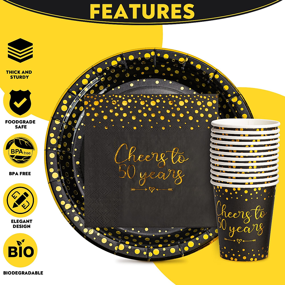 Sparkles Hub 50th Birthday Party Supplies Tableware Serves 24: 9" Paper Plates 7" Plate 9 Oz Cups Napkins Forks Knives Tablecloth 50th Birthday Black & Gold Dot Themed Disposable Dinnerware