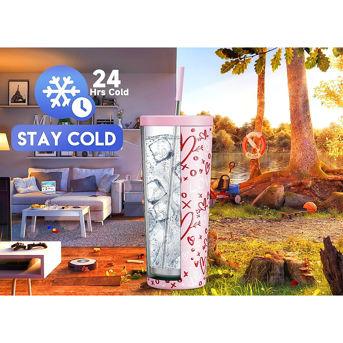 Meoky 24 oz Insulated Tumbler with Lid and Straw, Stainless Steel Vacuum Insulated Tumbler, Keeps Cold for 24 Hours, 100% Leak Proof, Fits in Car Cup Holder (Love)