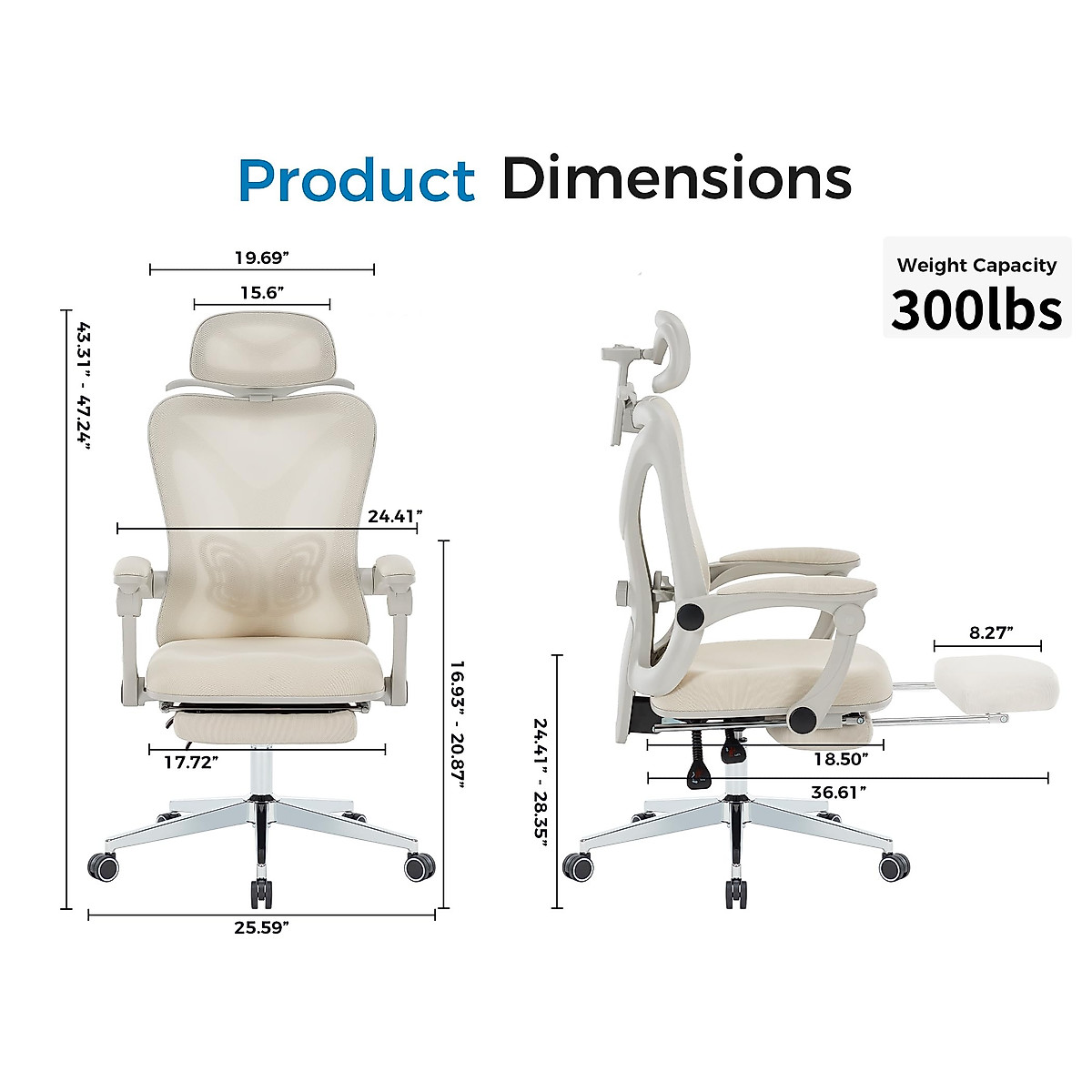 GGN Ergonomic Office Chair with Foot Rest, White Reclining Desk Chair with Leg Rest, Mesh Computer Desk Chair with Adjustable Headrest & Lumbar Support, White