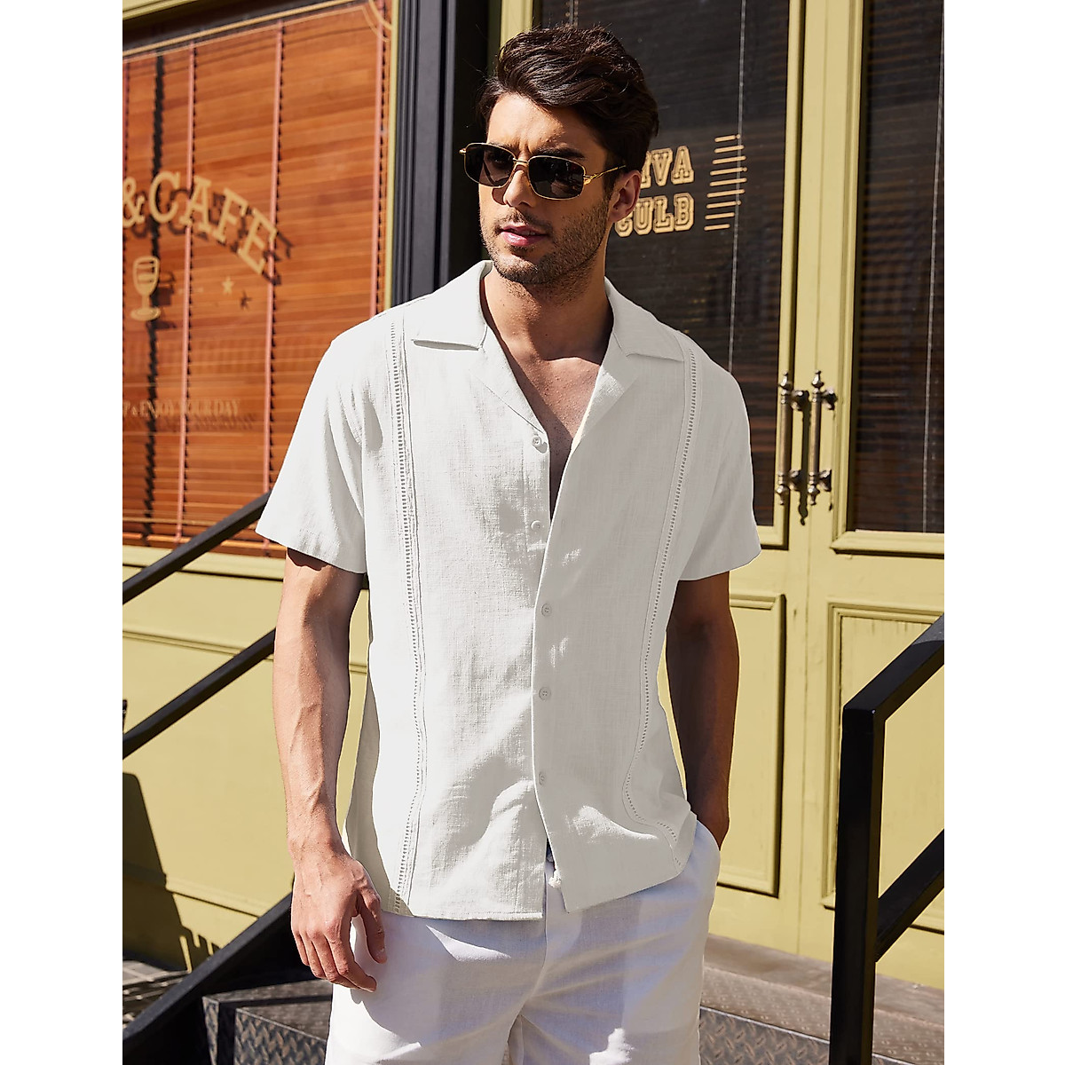 COOFANDY Mens Casual Button Down Shirts Short Sleeve Cuban Guayabera Shirt Summer Beach Top A - White