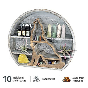 WonderMar Wolf Shelf for Crystals - Crescent Moon Shelf for Rocks, Oils, Plants - Crystal Shelf Display for Wall Decor or Tabletop - Floating Moon Shelves for Cabins, Boho, Rustic, Farmhouse - (Grey)
