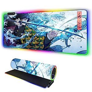 RGB Large Gaming Mouse Pad Anime Giyu Sword,Laptop Desk Pad,Mousepad with Stitched Edge Frame & Non-Slip Rubber Base,Computer Keyboard and Mice Pads Mouse Mat 31.5X15.7