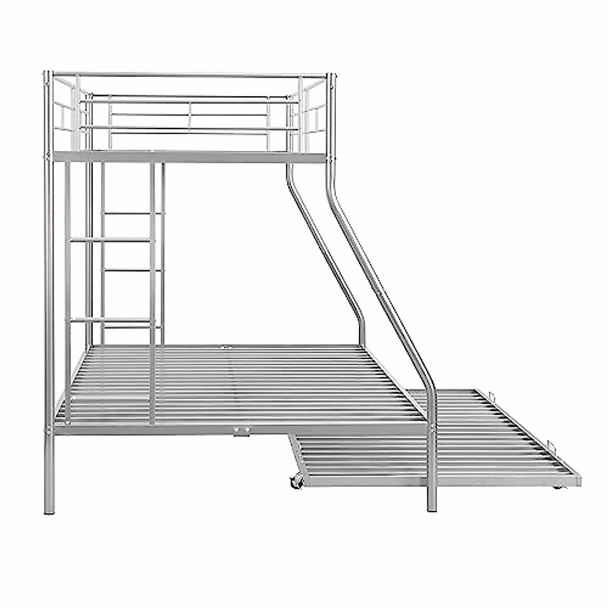 NCKMYB Metal Bunk Bed with Trundle for 3 Twin Over Full Bunk Bed with 2 Ladders, for Kids Teens Adults, Space-Saving Design, Silver