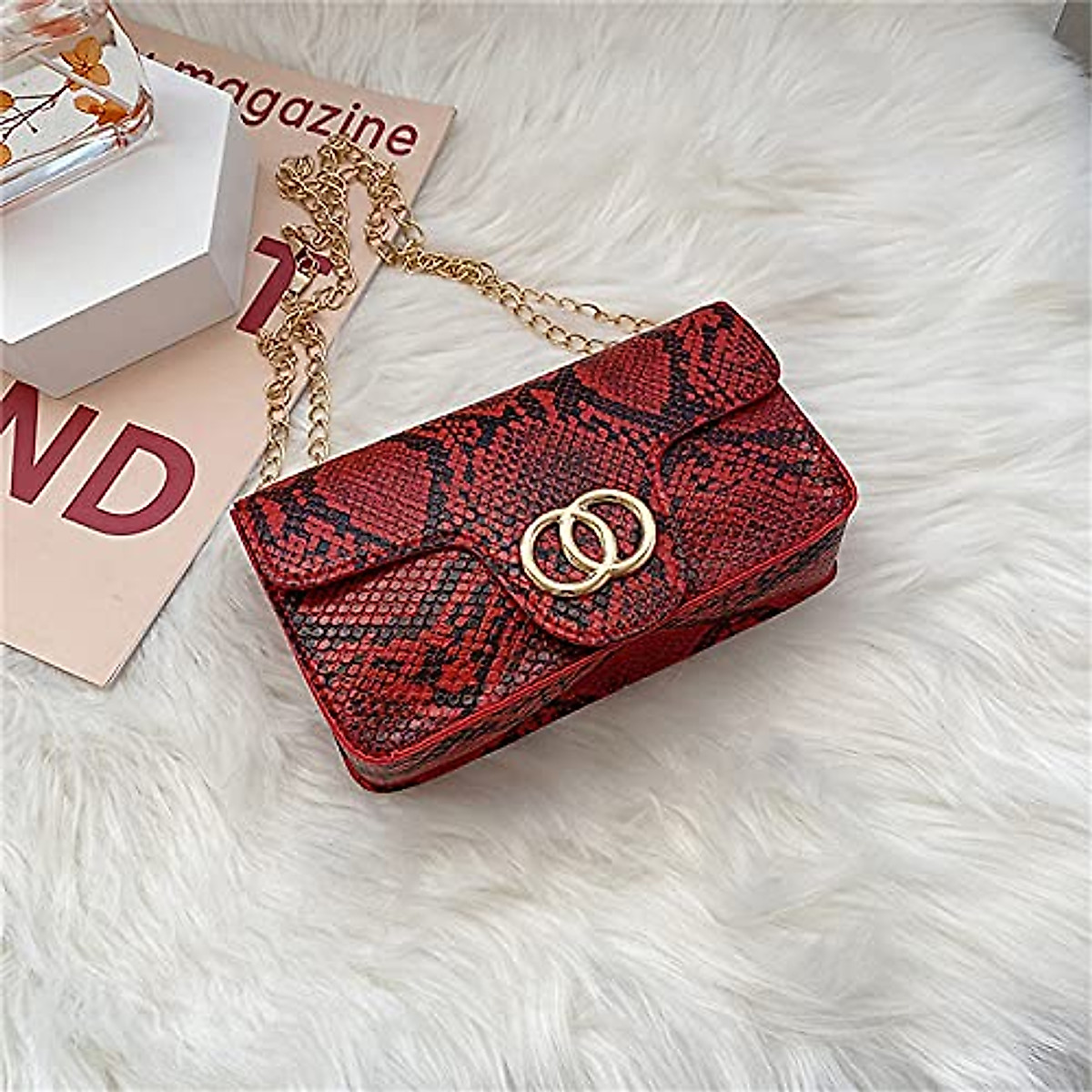 Unique Double O Design Snake Skin Magnetic Closure Crossbody Purse Shoulder Bag for Women & Girls (Red)