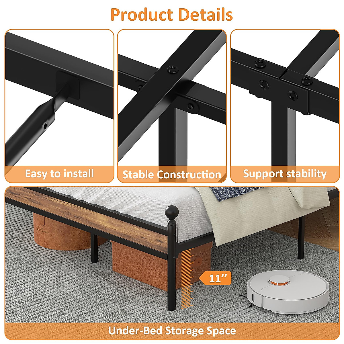 Winkalon Metal Bed Frame Queen Size Black Iron Platform with Modern Headboard and Footboard No Box Spring Needed, Under Bed Storage, Strong Slat Support (Canopy Bed Frames, Queen)