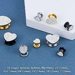 LADEMAYH 2 PCS Heart With Rhinestones Ear Plugs Tunnels Gauges for Women - Silver Stainless Steel 316L Body Piercing Basic Earrings for Stretched Earlobe 16mm=5/8"