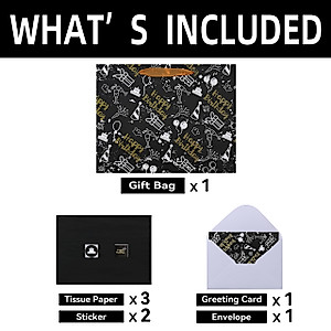 13" Large Black Gift Bag Set with Greeting Card and Tissue Papers (Cakes and Gifts Design) for Men's or Women's Party, Boys', Girls' or Kids' Birthday Parties, Baby Boy or Girl, Baby Shower-13”x5.2”x10.2”, 1 Pcs.