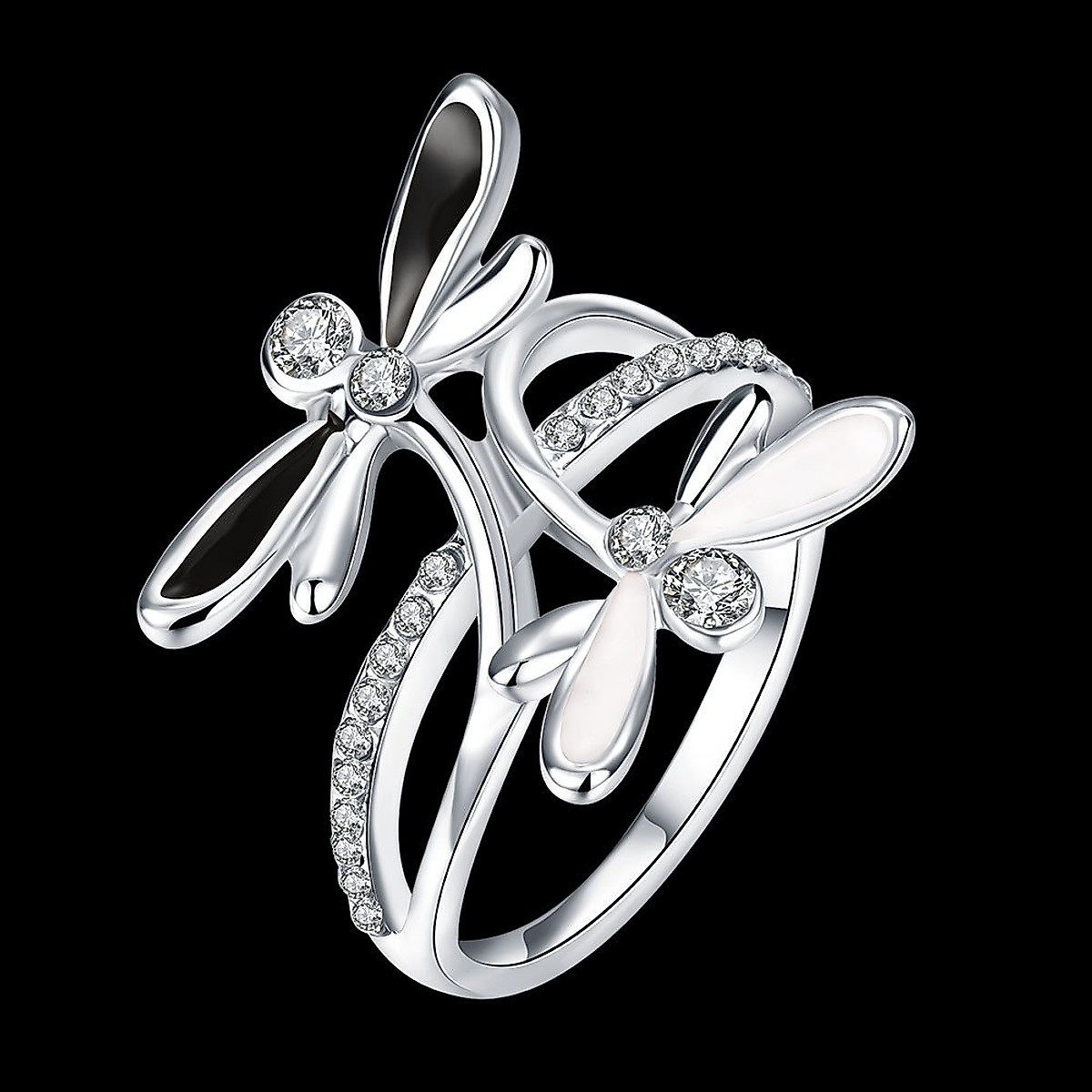 18K Rose Gold Platinum Plated Ring Black AAA Zirconia Women Dragonfly B164 (Platinum Plated, 7)