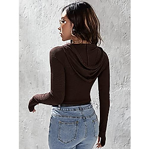 Milumia Women's Drawstring Hooded Crop Tee Long Sleeve Rib Knit T Shirts Sweatshirt with Thumbhole Chocolate Brown Small