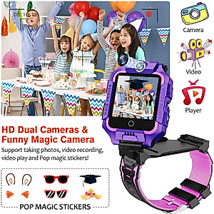 OKYUK 4G Kids Watch Phone T10, Funny 360° Rotation Screen Dual Camera Smart Watch for Boys Girls, IP67 Waterproof, 2-Way Calls, GPS, SOS, Video Calls, Remote Control, Pedometer Smartwatch (Purple)