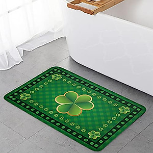Front Door Mats Outdoor Indoor Kitchen Mat, Green Checked Clover on St. Patrick's Day Entrance Doormat Non-Slip Bathroom Rugs Washable Floor Mats for Sink/Porch, 18" x 30"