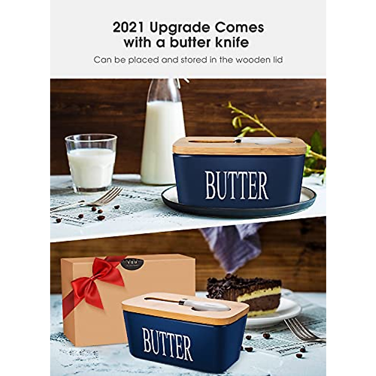 AISBUGUR Large Butter Dish with Lid Ceramics Butter Keeper Container with Knife and High- quality Silicone Sealing Butter Dishes with Covers Good Kitchen Gift Blue