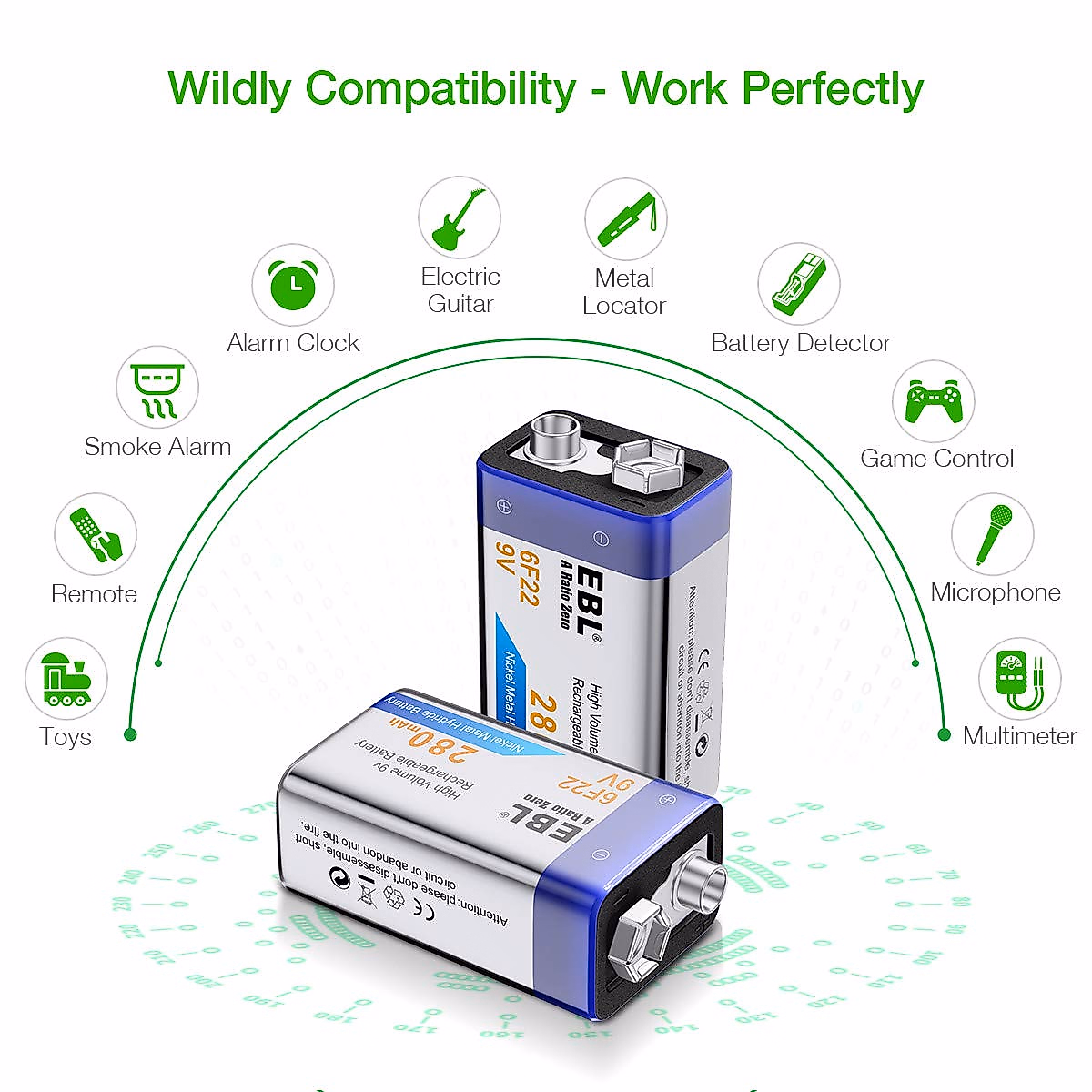EBL 9V Rechargeable Batteries NiMH Everyday 280mAh 9V Battery for Smoke Alarm Detector, 4-Packs