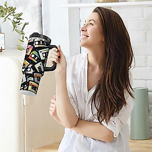 Exnundod Retro Vintage Cassette Tapes Tumbler with Handle 40oz and Straw Insulated Tumblers Leak-proof Water Bottle for Car Travel