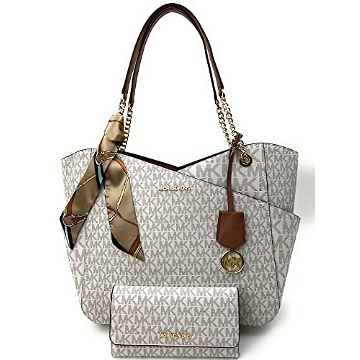 MICHAEL Michael Kors Jet Set Travel Large Chain Shoulder Tote bundled with Michael Kors Jet Set Travel Trifold Wallet (Signature MK Vanilla)