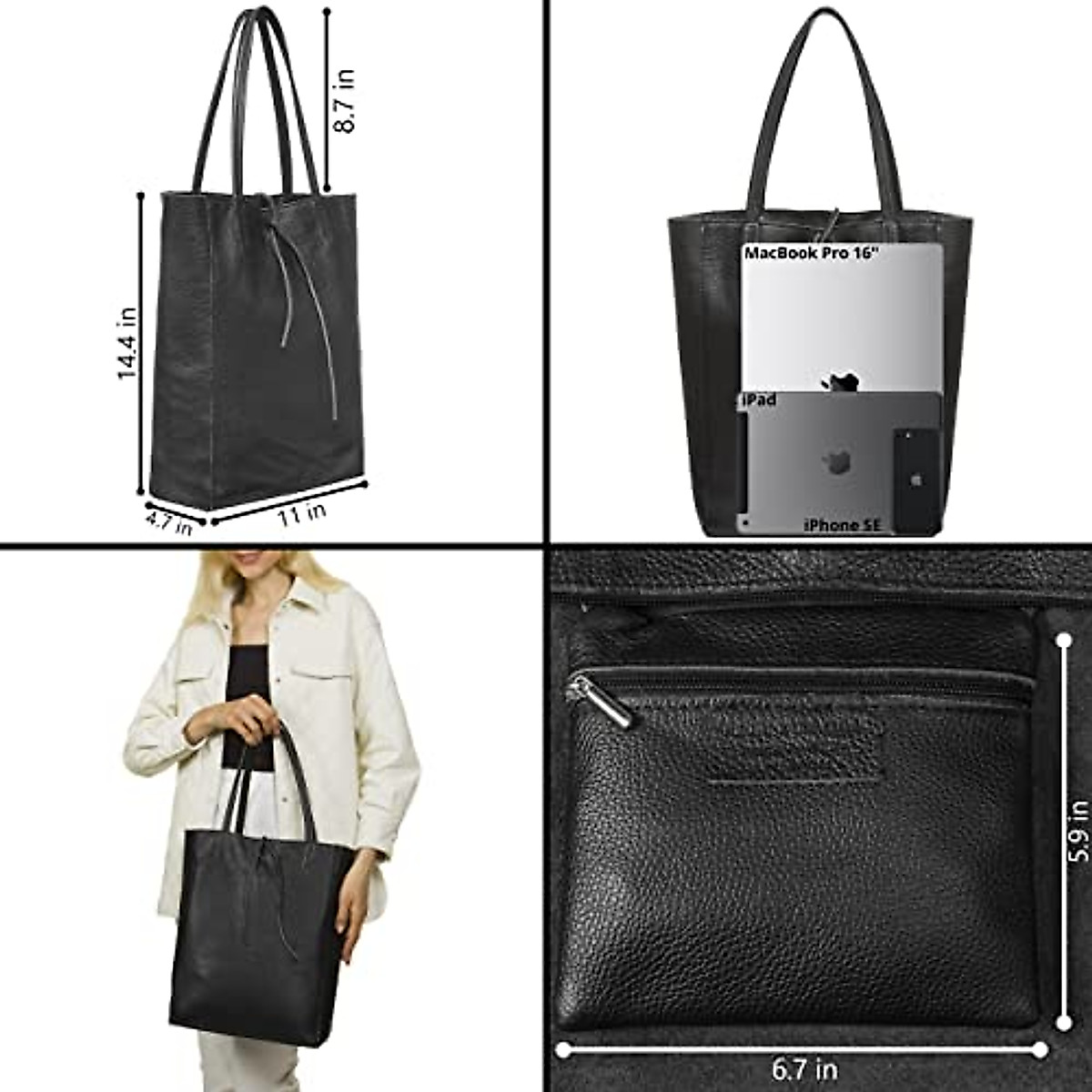 TAKEASY Women's Genuine Leather Italian Tote Bag with Zipper - Large Handbag for Shopping, Work and Travel (Black)