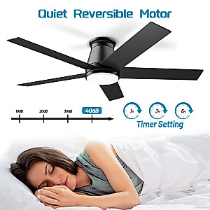 wurzee 52" Flush Mount Ceiling Fan, Black low profile Ceiling Fan, 6 Speeds DC Reversible Motor, Timing, Dimmable Ceiling Fan for Indoor Patio Porch Garage Shop Factory Warehouse