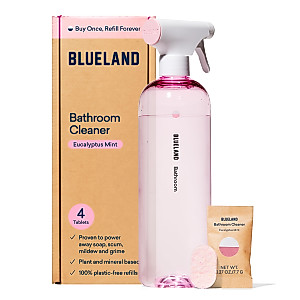 BLUELAND Bathroom Cleaning Spray Bottle with 4 Refill Tablets | Eco Friendly Products & Cleaning Supplies - Eucalyptus Mint Scent | Makes 4 x 24 Fl oz bottles (96 Fl oz total)